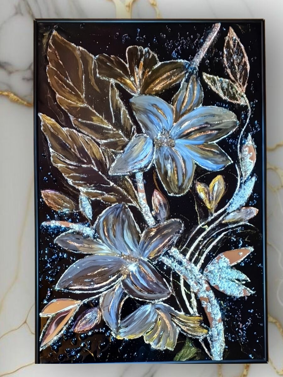 Зеркальная картина "Ночные лилии". Ручная работа. Размер 40х60 см