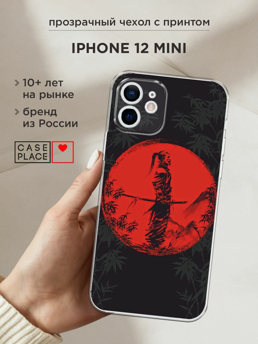 Чехол на Apple iPhone 12 mini / Айфон 12 Мини с принтом "Самурай на красном фоне"