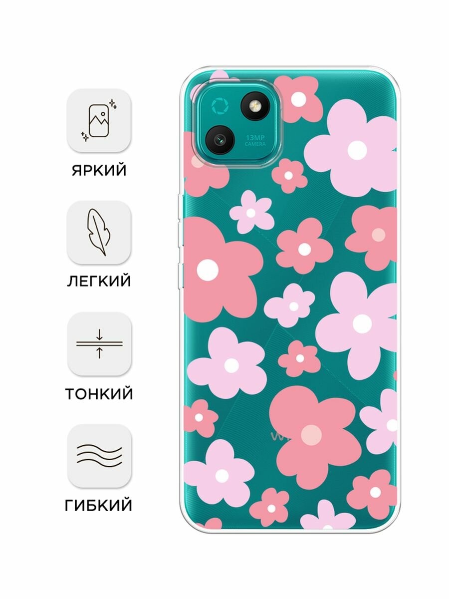 Чехол на Wiko T10 / Вико Т10 с принтом "Нежные розовые цветочки рисунок", прозрачный — фото 1