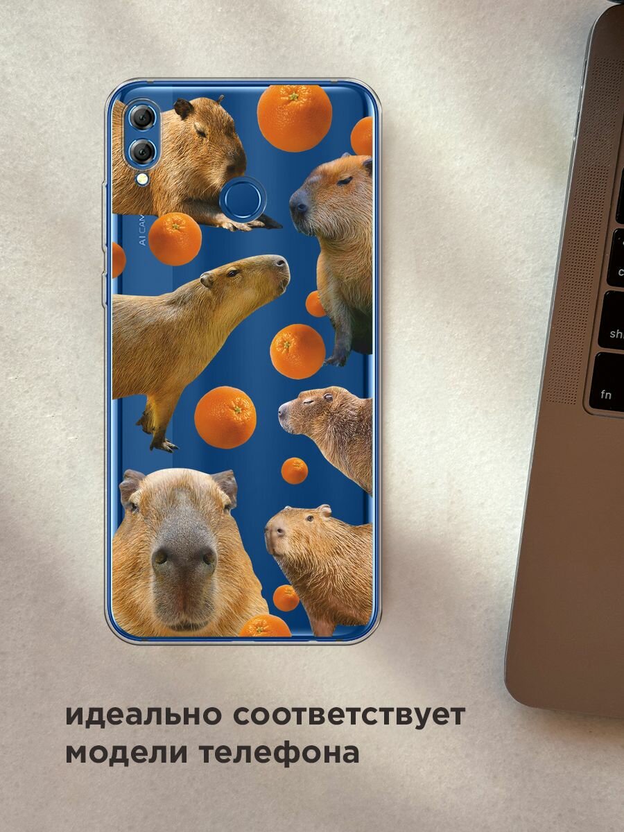 Чехол на Honor 8X / Хонор 8Х с принтом "Капибара и апельсины", прозрачный — фото 1