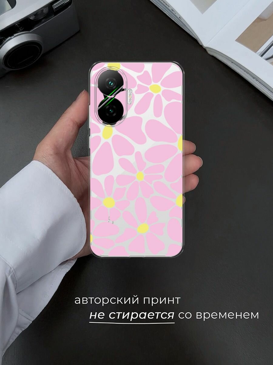 Чехол на Poco F7 / Поко F7 с принтом "Розовые лепестки 2", прозрачный — фото 1