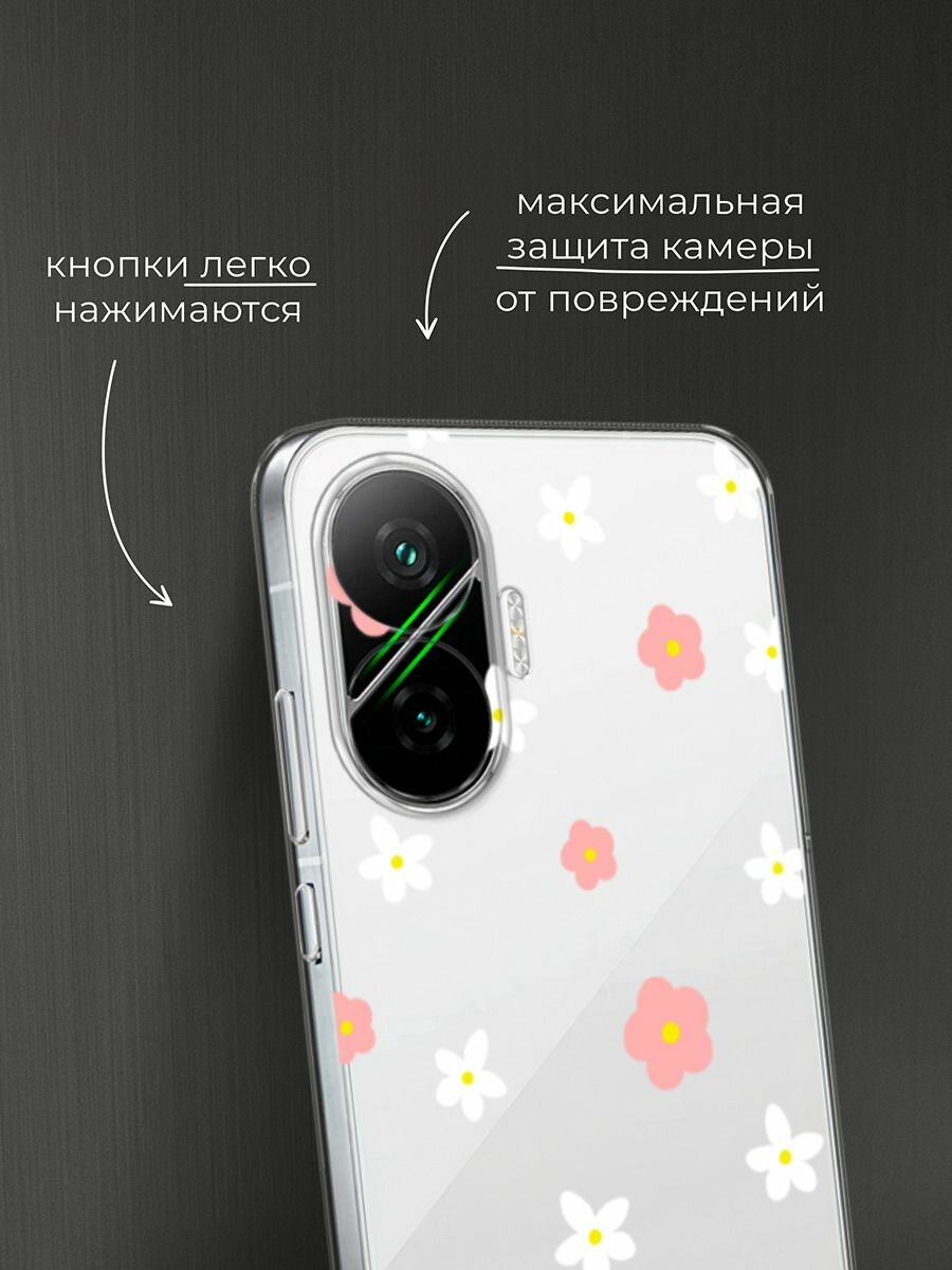 Чехол на Poco F7 / Поко F7 с принтом "Розовые и белые цветы", прозрачный — фото 1