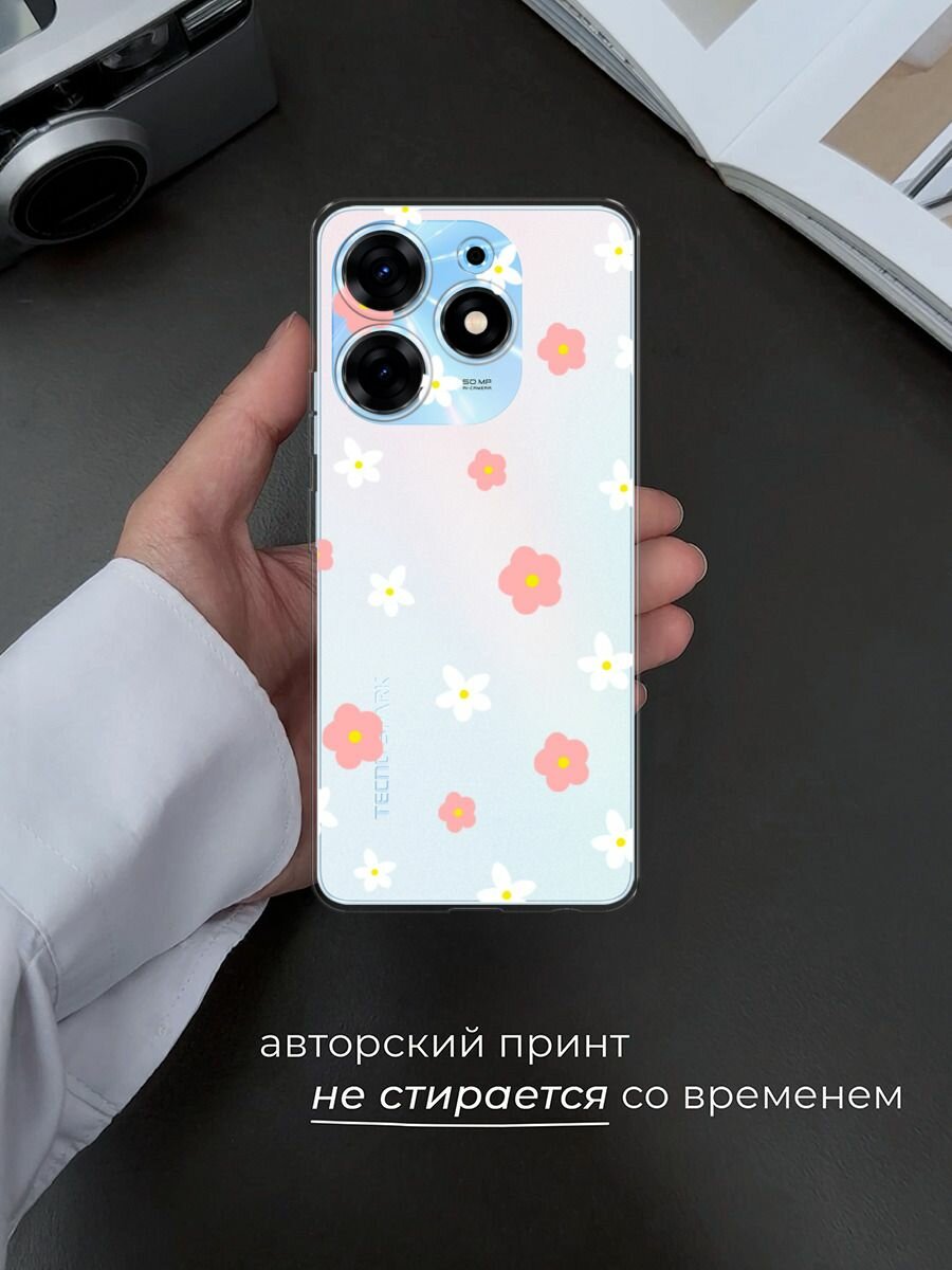 Чехол на Tecno Spark 10 Pro / Текно Спарк 10 Про с принтом "Розовые и белые цветы", прозрачный — фото 1
