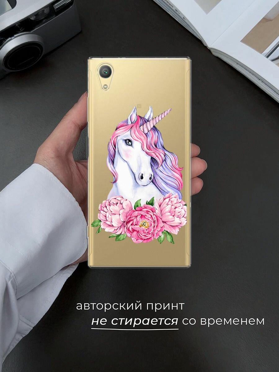 Чехол на Sony Xperia XA1 plus / Сони Икспериа ХА 1 Плюс с принтом "Единорог с пионами", прозрачный — фото 1