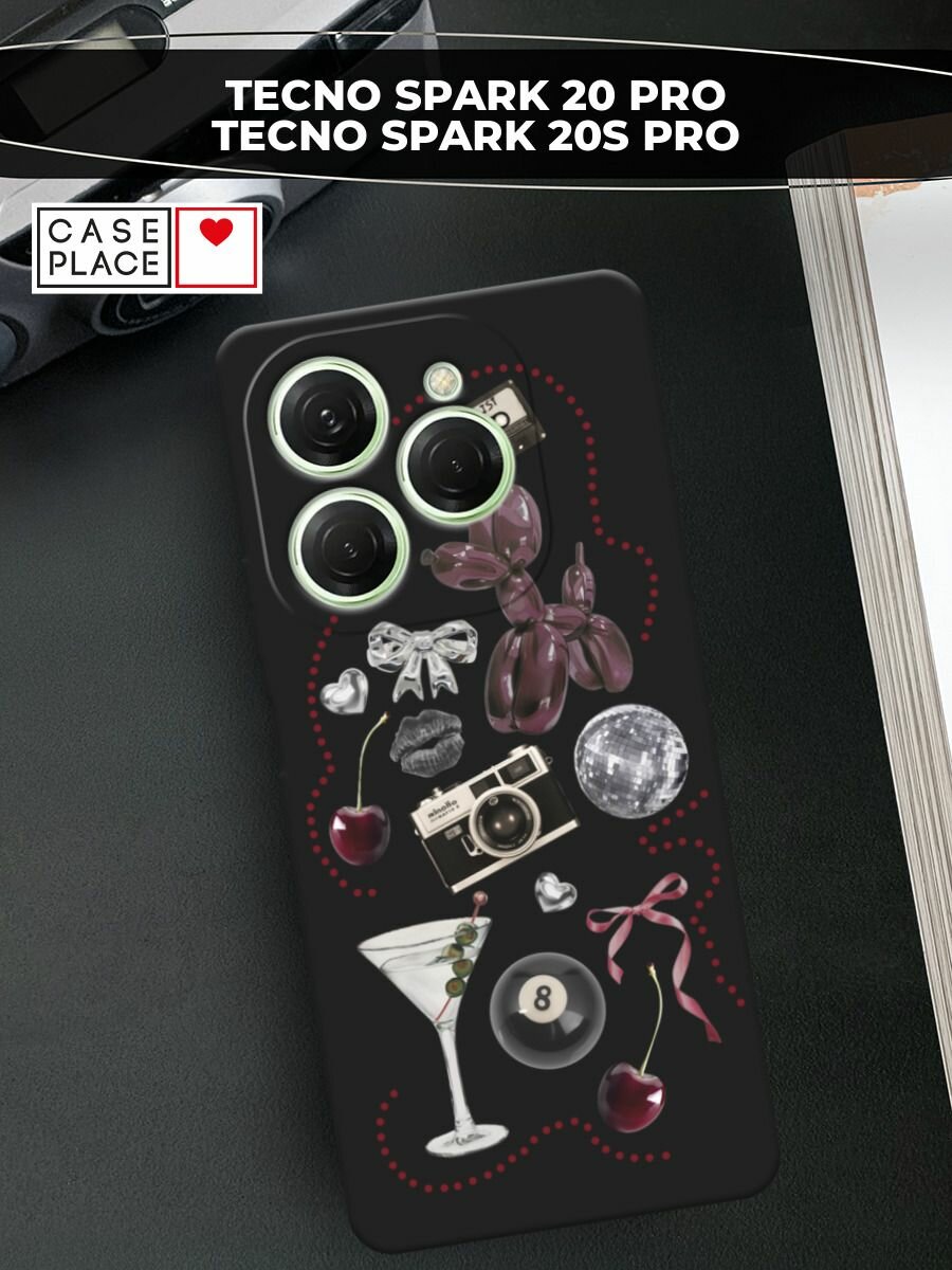 Черный матовый чехол на Tecno Spark 20 Pro/20S Pro / Текно Спарк 20 Про/20S Про с принтом "Бордовый коллаж"