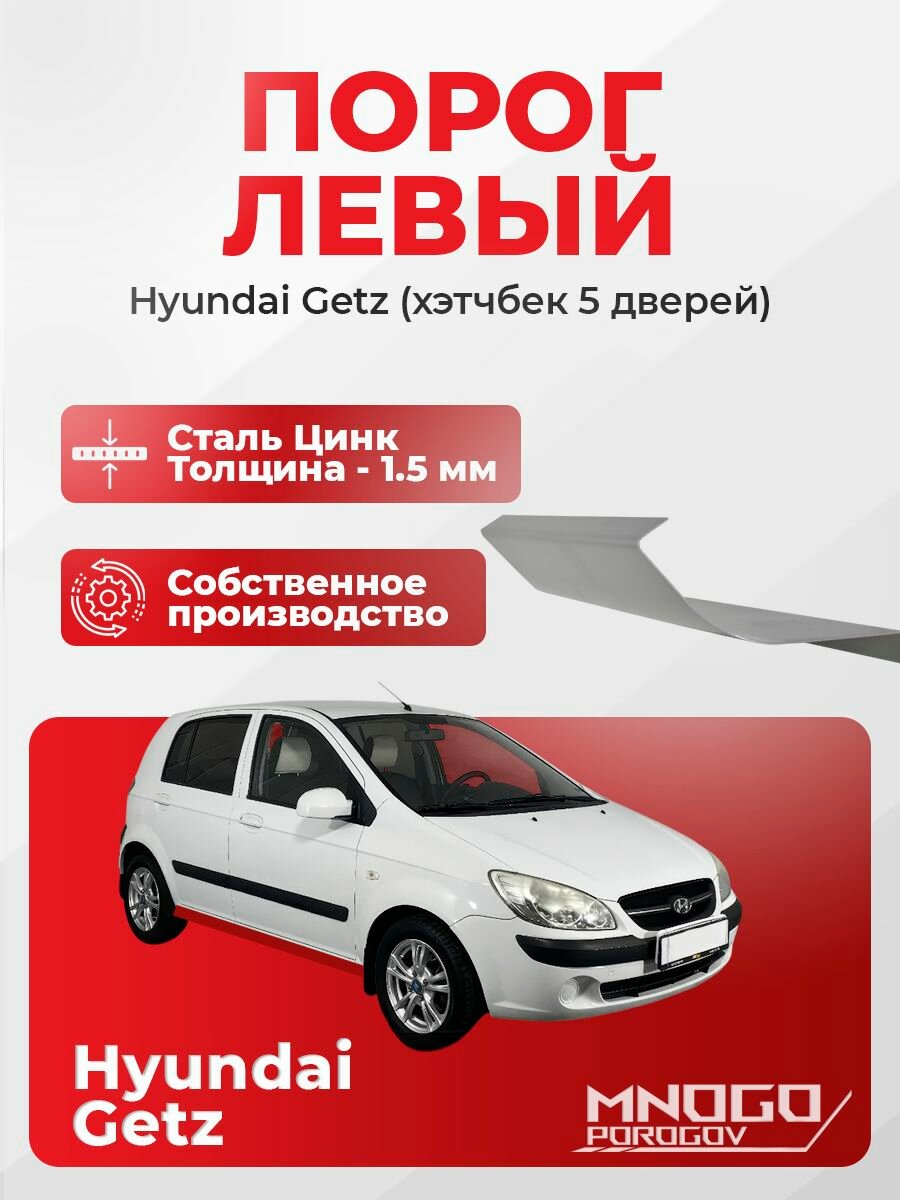 Левый порог на Hyundai Getz 2002-2011 хетчбэк 5 дверей, оцинкованная сталь, толщина 1.5 мм (Гетц 1), левая сторона, кузовной ремонт.