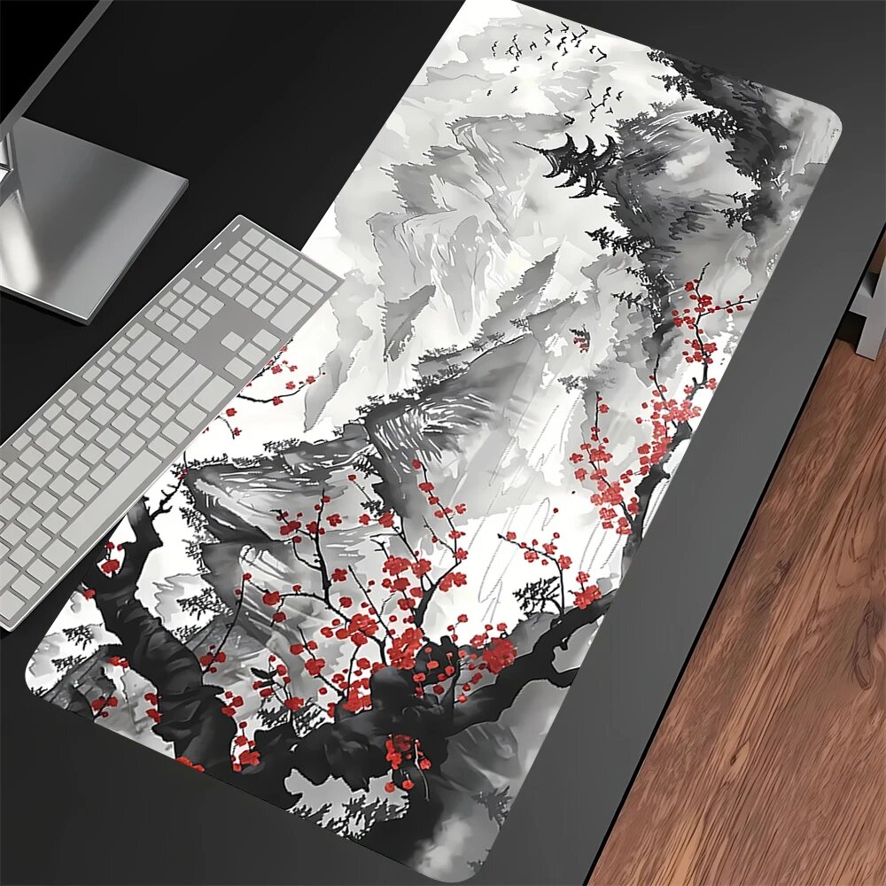 Xxl расширенный настольный коврик, большой черно-белый игровой коврик для мыши с вишневым цветом, коврик для клавиатуры с замком по краям, нескользящий резиновый коврик для мыши Sakura