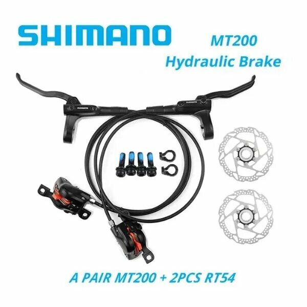 Велосипедный гидравлический тормоз Shimano MT200 левый передний правый задний пара 800/1450 мм + два Тормозной диск для велосипеда (ротор) SM-RT54 160 мм
