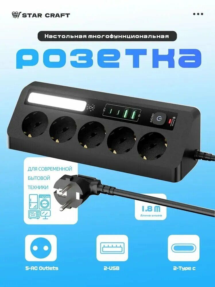 Удлинитель сетевой 2 м с заземлением, на 5 розеток с выключателем с 2 Type-C и 2 USB Сетевой фильтр с защитой от перенапряжения и ночником Для кухни, столешницы и мебели (2500W, 10A)