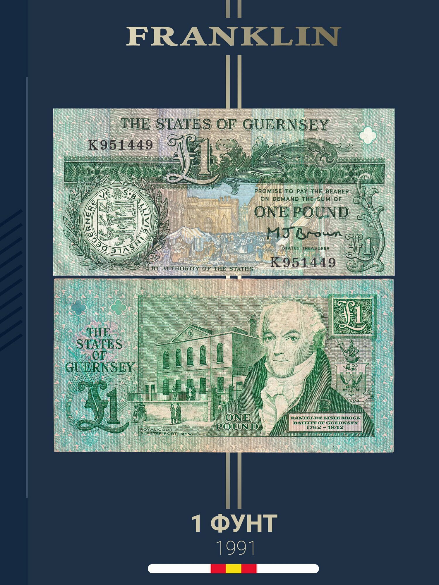 Банкнота Гернси 1 фунт 1991 год (VF) Pick 52а
