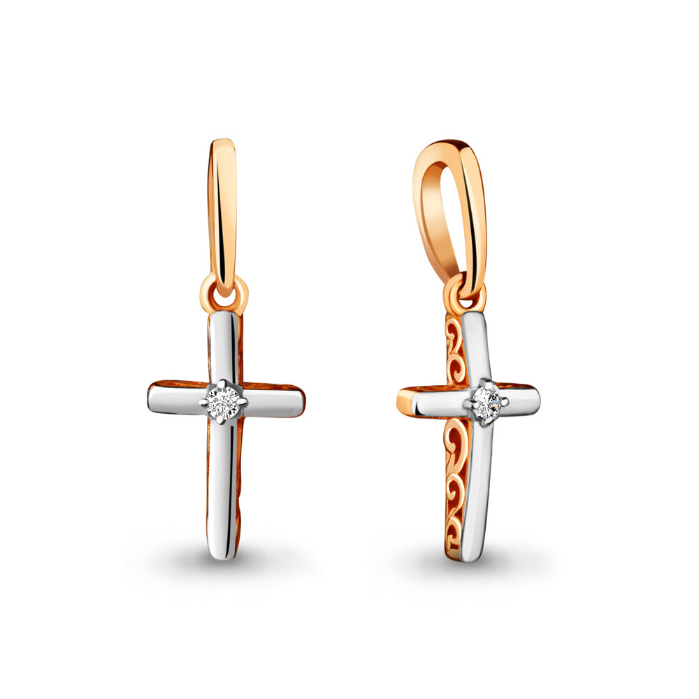 Крестик, золото, 585 проба, родирование, бриллиант