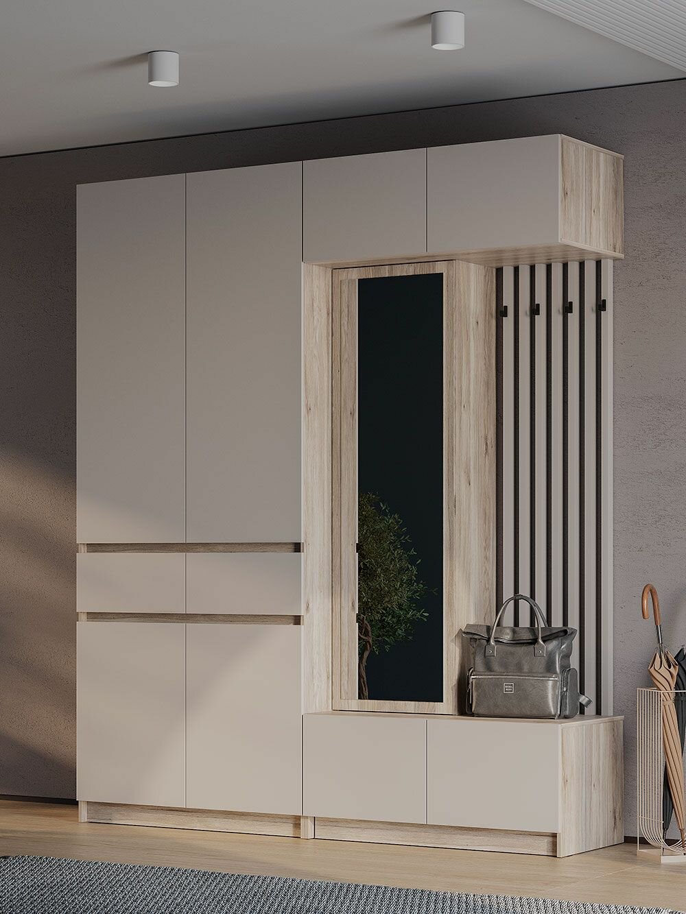 Прихожая комплект Багира Стандарт с вешалкой, с обувницей, с зеркалом, со шкафом, 200.4х51х238.4 см, Дуб Смоки / Кашемир
