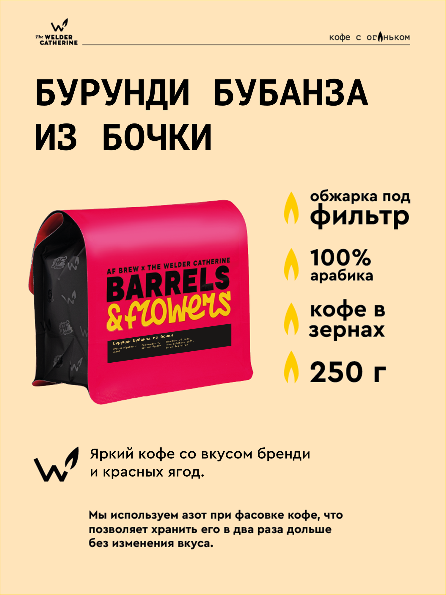 Кофе в зернах Сварщица Екатерина Бурунди Бубанза из бочки под фильтр - 250 гр