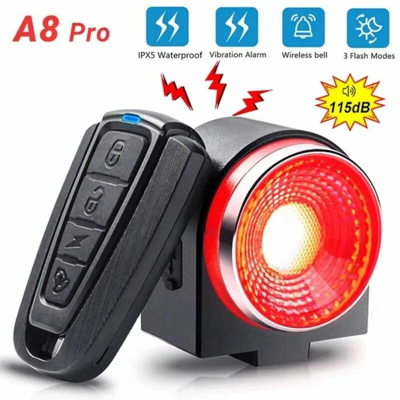 Задний фонарь для велосипеда A8 Pro со стоп-сигналами, дистанционным вызовом, беспроводным управлением, функцией обнаружения велосипеда и зв