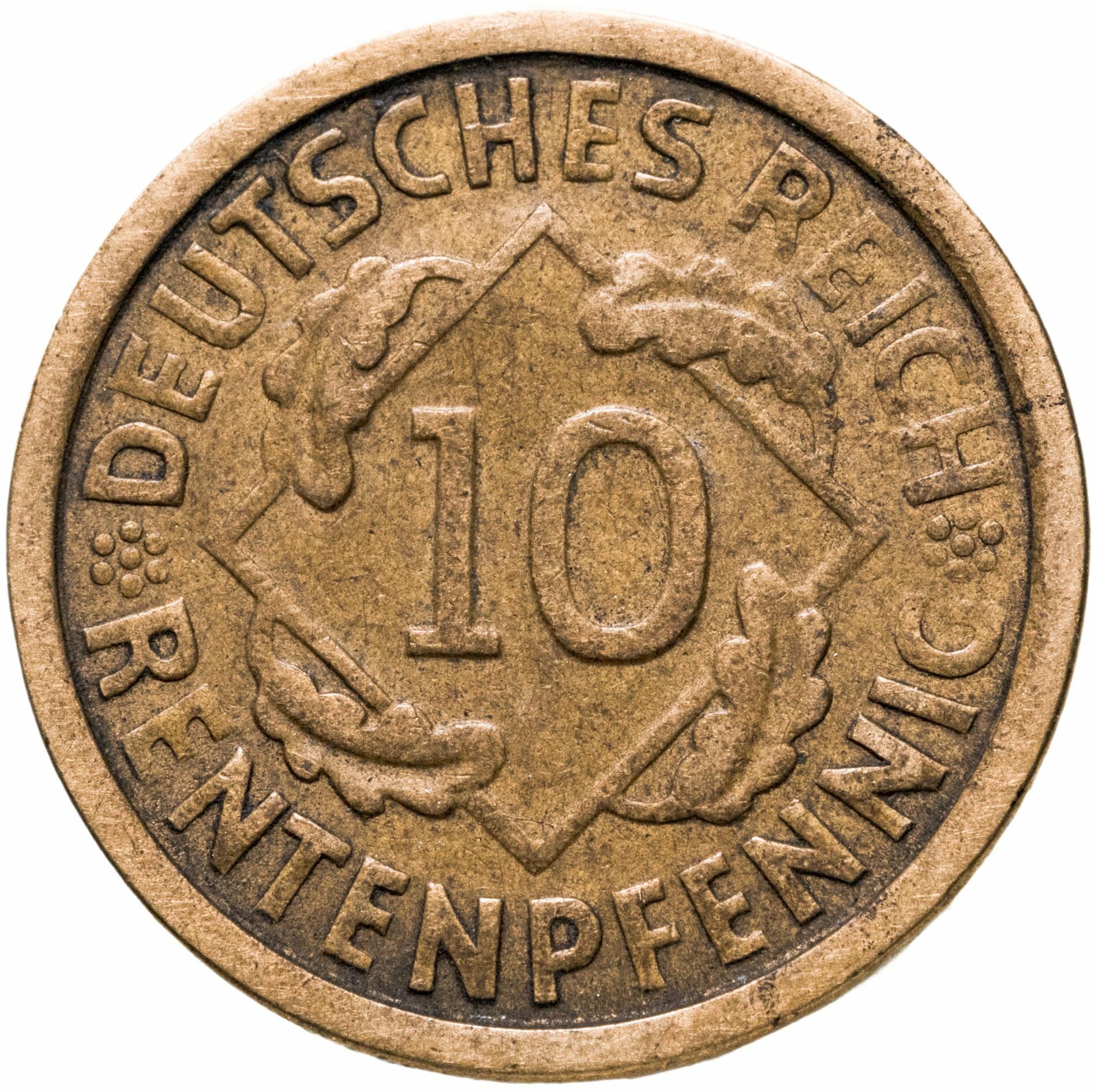 Германия 10 пфеннигов рентенпфеннигов, rentenpfennig 1924 знак монетного двора "A" — Берлин, Бронза, в сохранности VF-XF