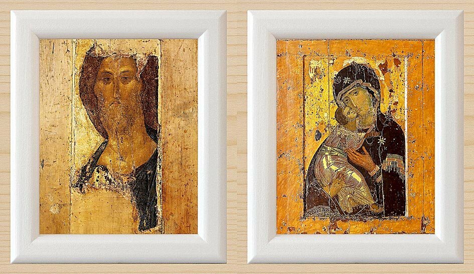 Венчальная пара "Спас Вседержитель (Андрей Рублев, 1410 г) - Владимирская икона Божией Матери (XII в)", две иконы в белых деревянных рамках 12,5*14,5 см