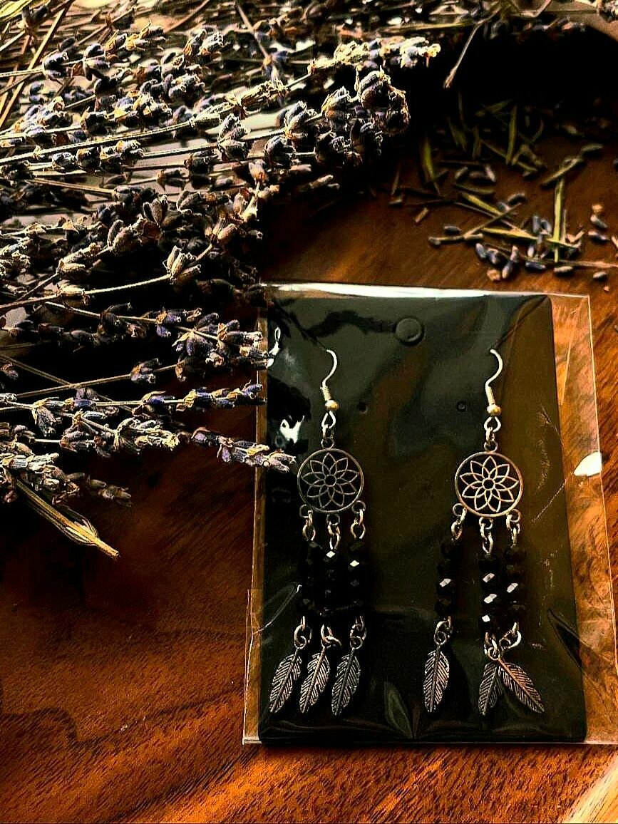 Серьги ручной работы "Ловец снов", серебро с бусинами