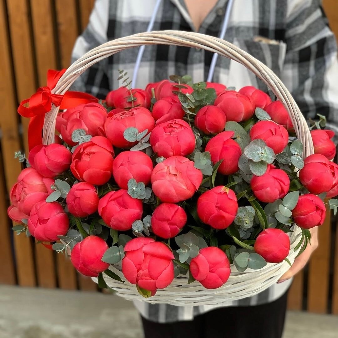 Букет из коралловых пионов 35 шт с эвкалиптом в корзине, красивый букет цветов, шикарный, премиум цветы, премиум букет