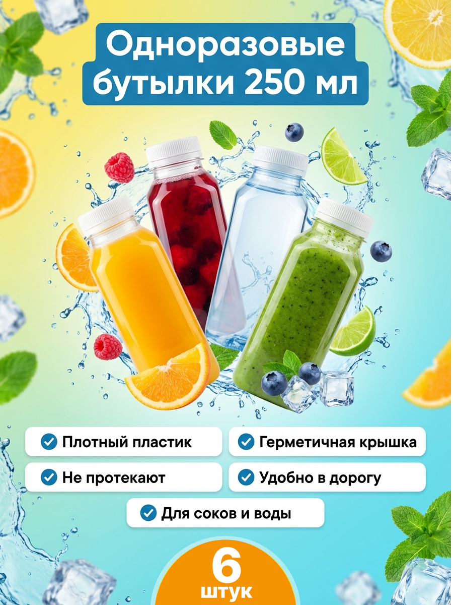 Набор бутылок для смузи, с крышками, пластик, прозрачные, 250 мл, 6 шт