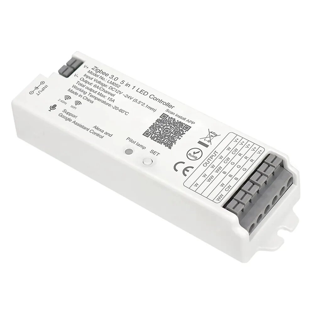 LM052 Контроллер светодиодной ленты ZigBee 3.0 DC1224V RGB CCT RGBW 5 в 1 с регулируемой яркостью, совместимый с приложением Smart Life APP/Alexa Echo