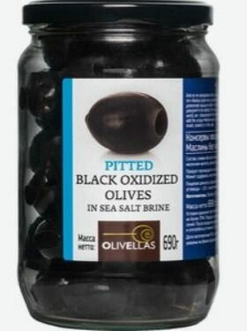 Оливки Olivellas, без косточки, греческие, черные, 720 г, в стеклянной банке