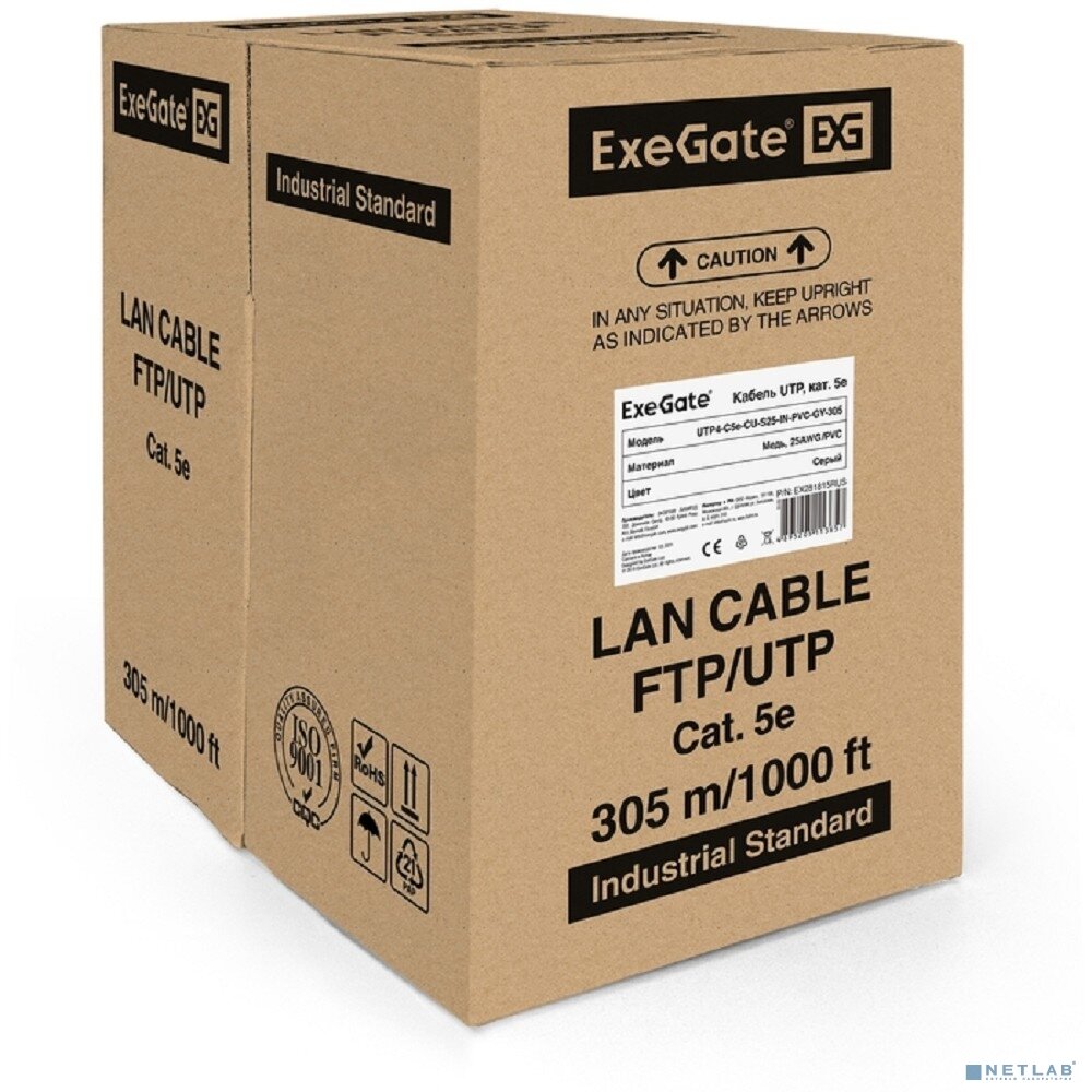Exegate EX281815RUS Кабель Exegate UTP4-C5e-CU-S25-IN-PVC-GY-305 UTP 4 пары кат.5e медь, 25AWG, бухта 305м, серый, PVC