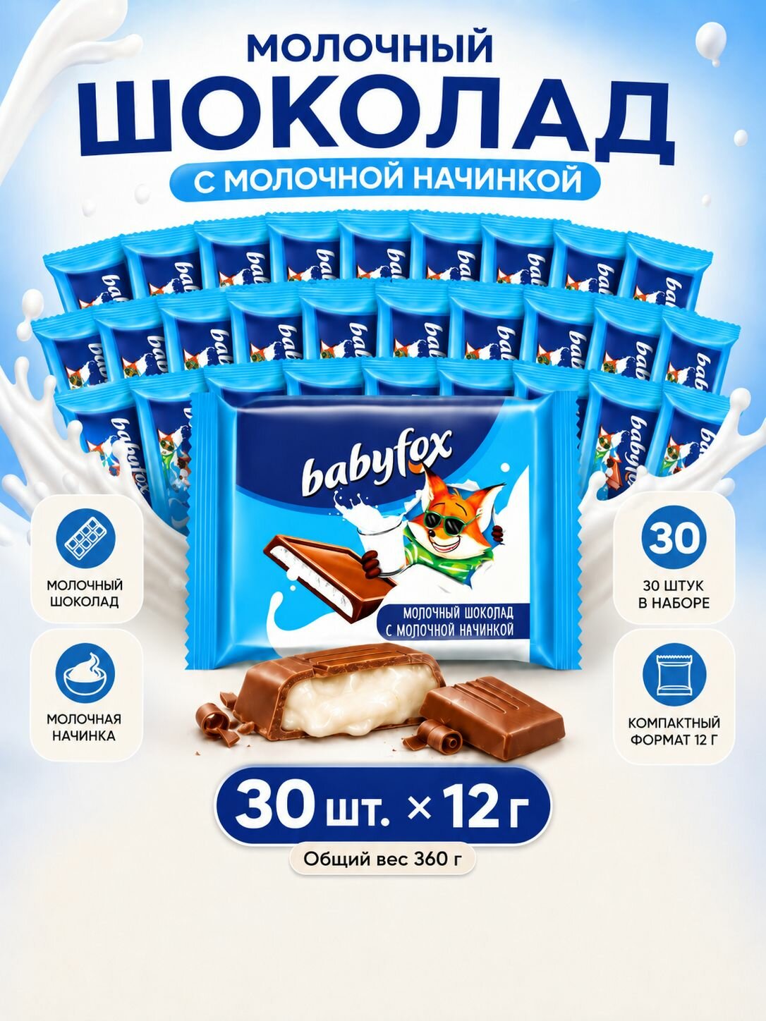Шоколад молочный Бэби фокс Baby fox с молочной начинкой, 30 шт по 12 гр