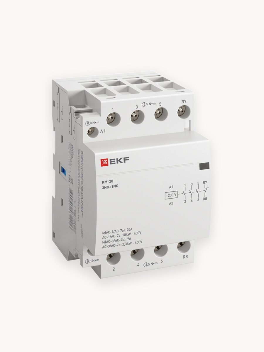 Контактор модульный 20А EKF 3NO+1NC, катушка 230В АС, 3 мод. на DIN-рейку КМ PROXIMA - пускатель магнитный