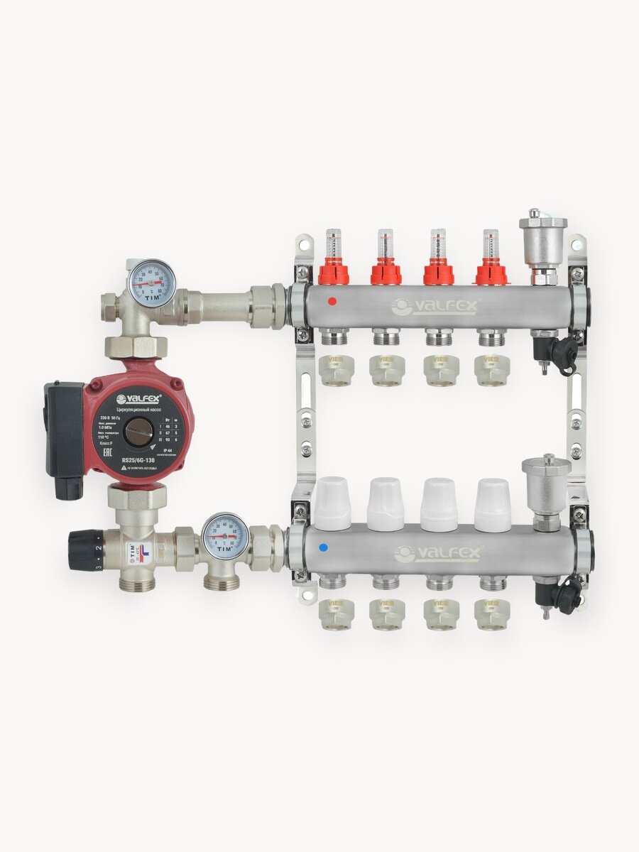 Комплект для теплого пола VALFEX (Коллектор на 4 контура, Насос+Евроконусы16x2,2+Насосно-Смесительный узел) до 60 кв. м