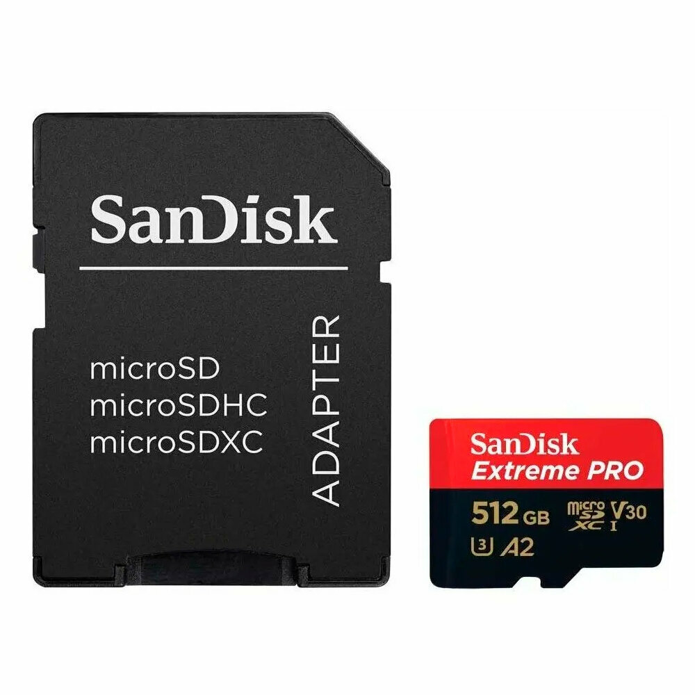 Карта памяти SanDisk Extreme PRO, microSDXC, 512 ГБ, A2, V30, U3, C10, +SD адаптер (SDSQXCD-512G-GN6MA)