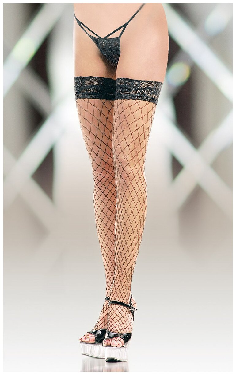Чулки в крупную сетку на кружевной резинке с силиконовыми полосками 3 размер черный