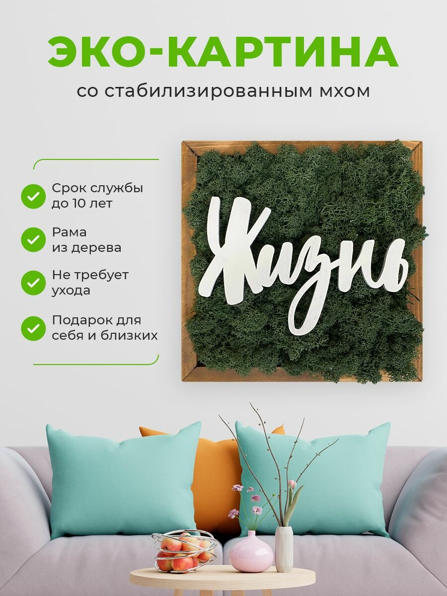 Живая эко-картина для интерьера 20х20см с надписью "Жизнь"
