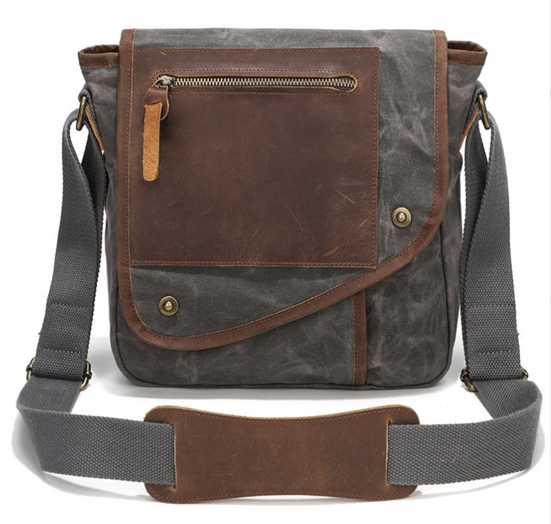Сумка  Мужская сумка из ВОЩЕНОГО брезента и кожи, ремень на плечо, клапан, карманы, темно-серая
