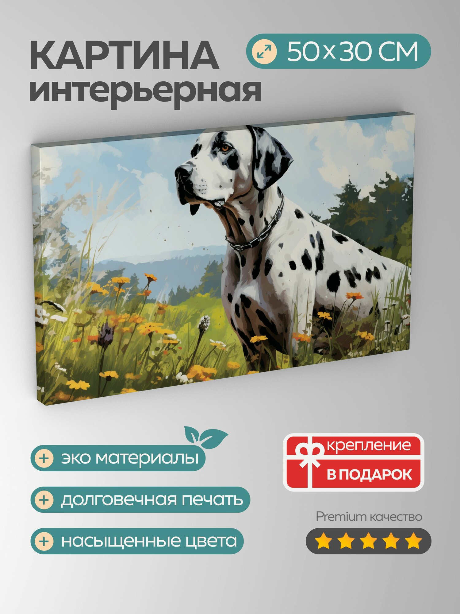 Картина на холсте интерьерная 50х30 см, яркая, цифровая, картина, далматинец, зеленый луг, белая шерсть, черные пятна