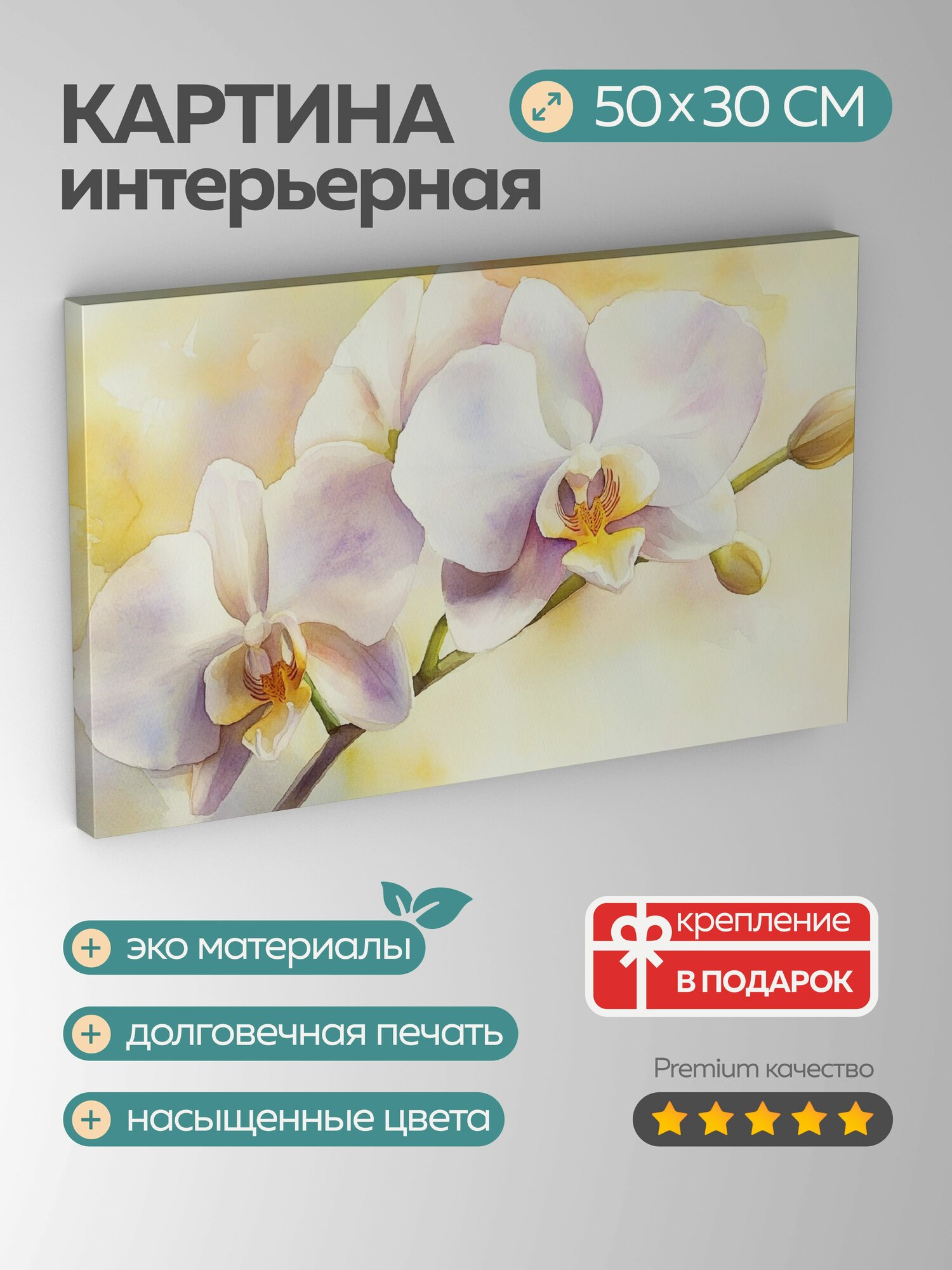 Картина на холсте интерьерная 50х30 см, Акварель, орхидея, цвет, лепестки, оттенки, фон, нежность, утонченность, грация