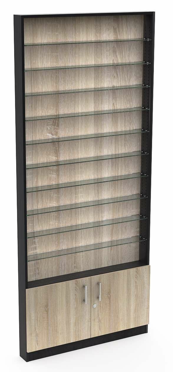 Стеллаж с 10-ю стеклянными полками 100x900 мм серии UP-10 №8 (З/C - ДВП), Крем Вайс