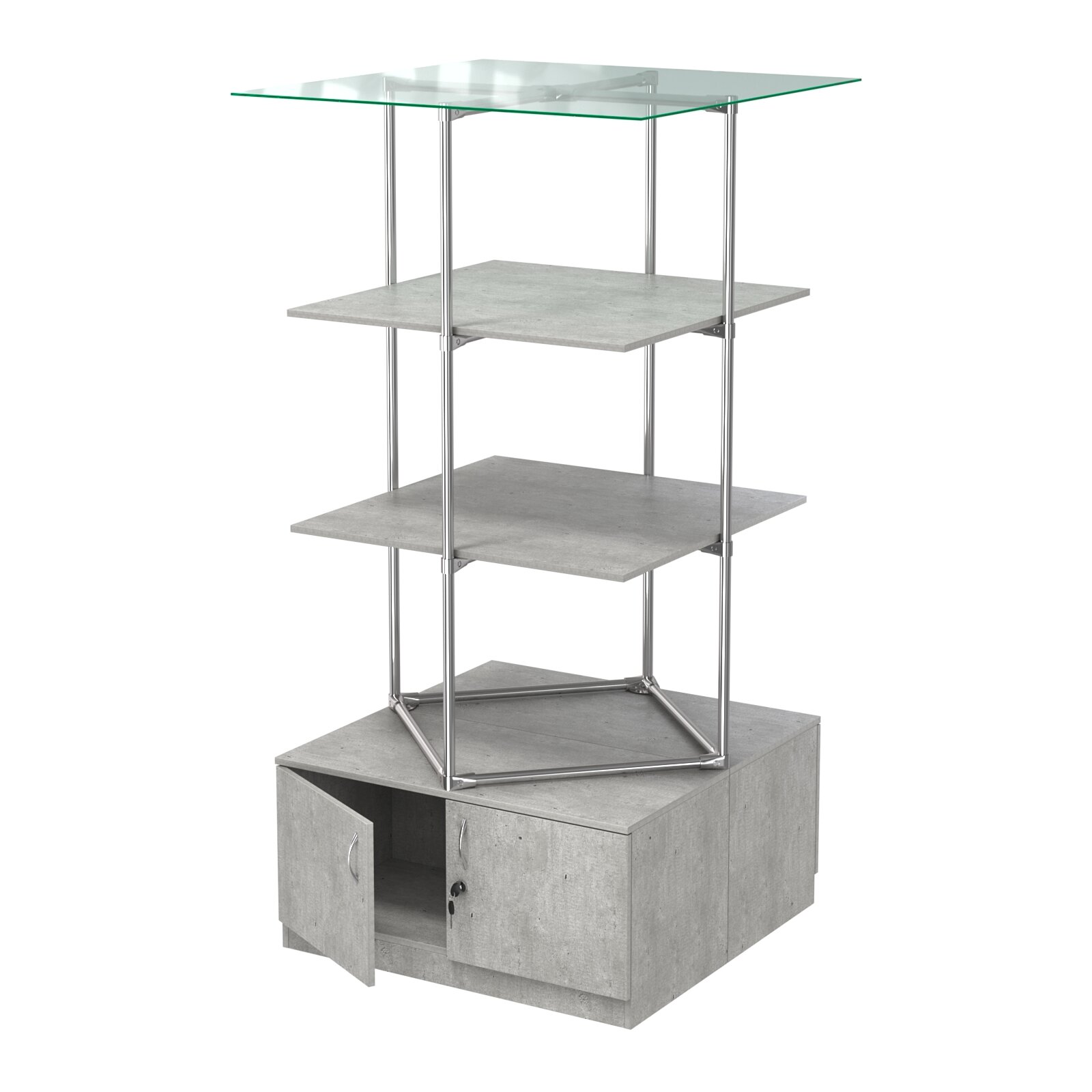 Торговые стенды Экспозиция с полками и тумбами №3 (с двумя полками ДСП 16мм), Метрополитан Грей