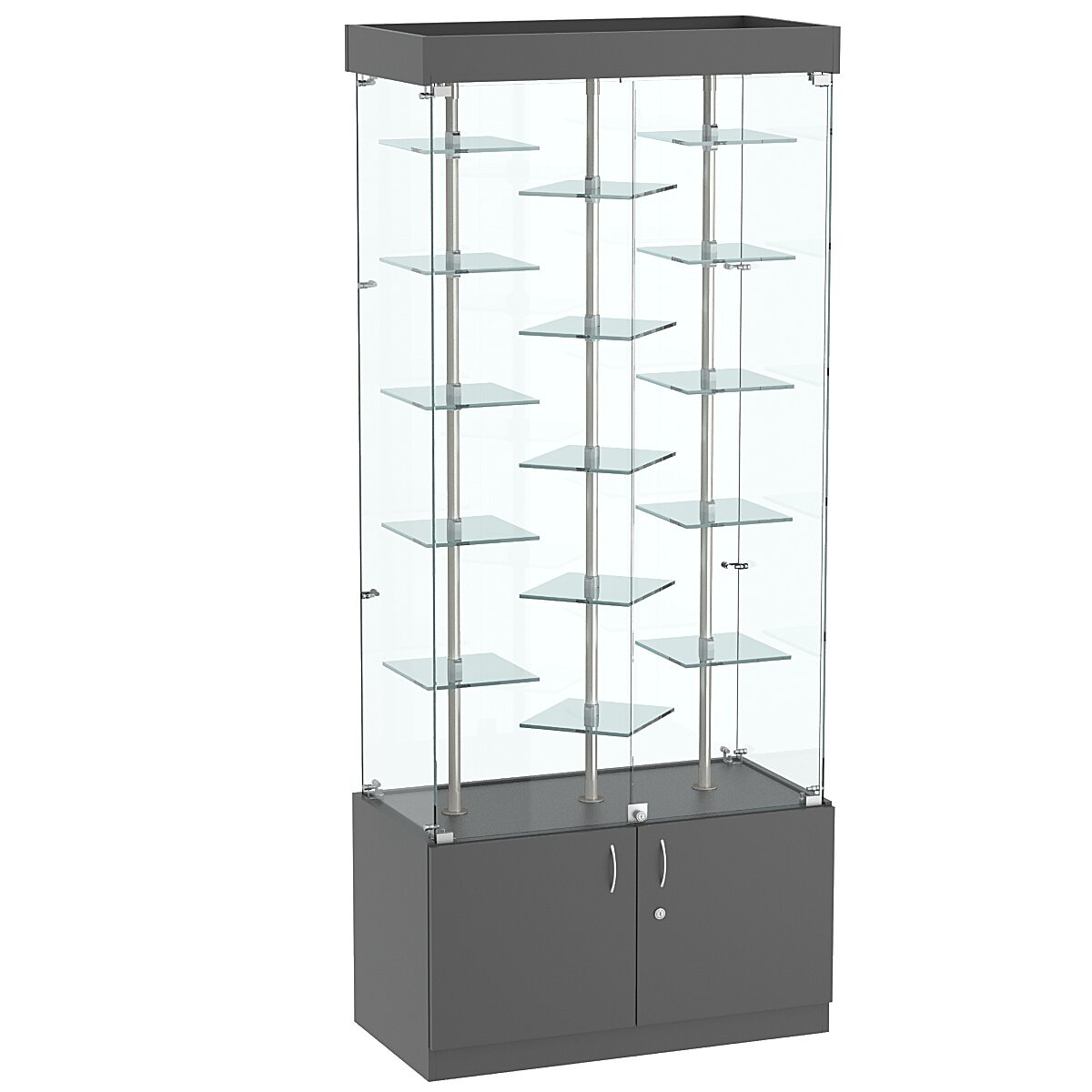 Стеклянная торговая витрина с накопителем и маленькими зеркальными полками Квант №1-3, Темно-Серый