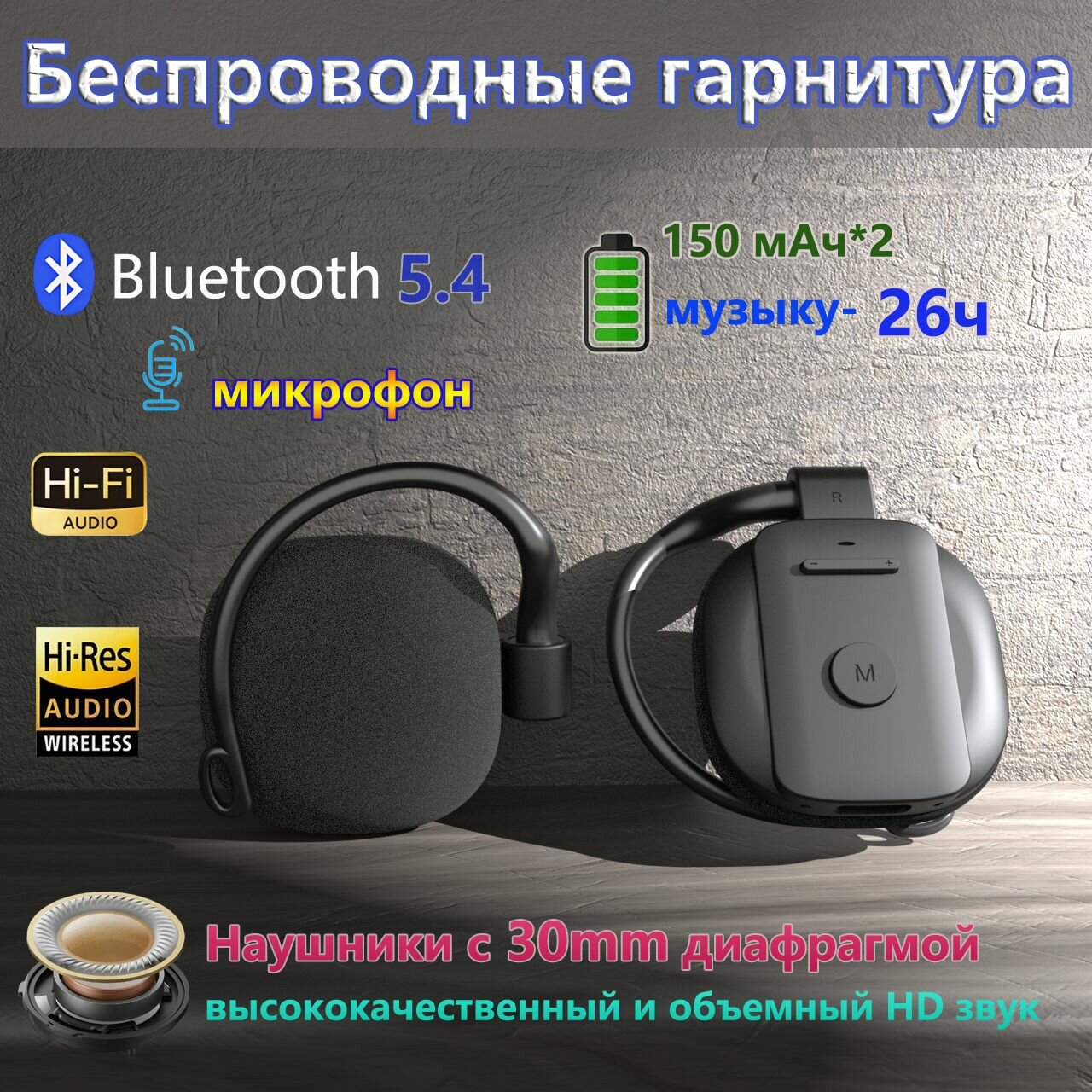 Беспроводная гарнитура; Спортивные удобные Беспроводные наушники; Наушники беспроводные с микрофоном; Hi Fi шумоподавлением Bluetooth 5.4