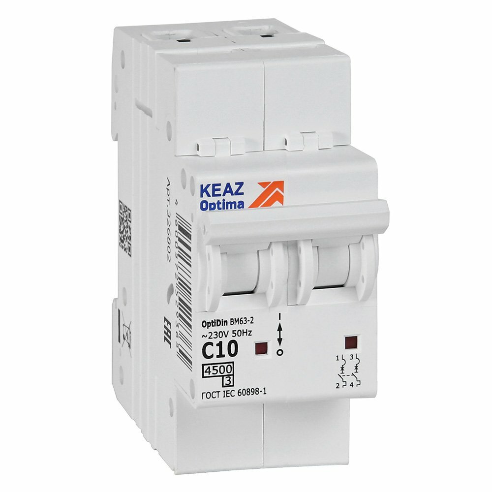 КЭАЗ OptiDin BM63 Автоматический выключатель 2P 10А C 4,5кА AC (BM63-2C10-4,5-УХЛ3), 326802
