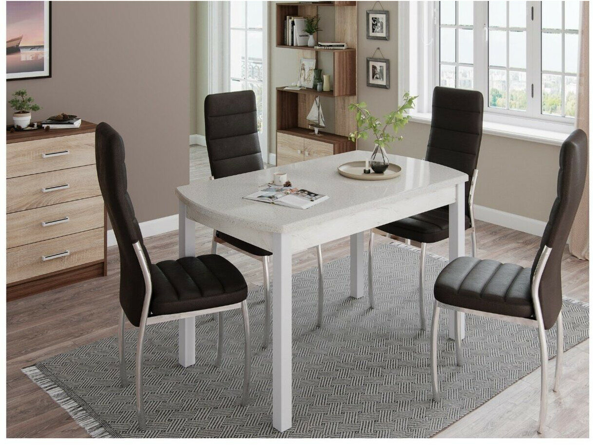 Стол обеденный, искусственный камень, радиусные края, металл белый/белый гранит, 110x69x75