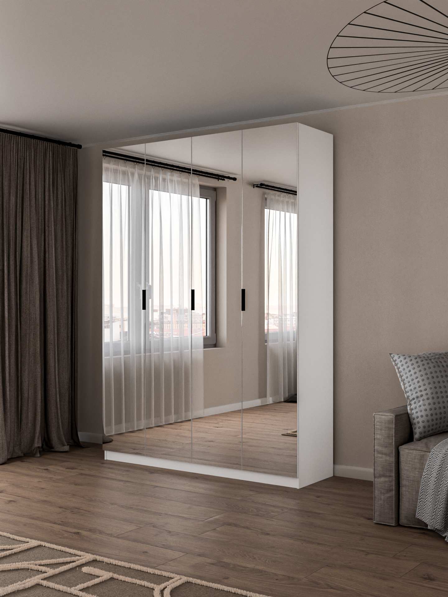 Шкаф распашной Аркада | Корпус ЛДСП Белый| Фасад Зеркало | Ручка чёрная