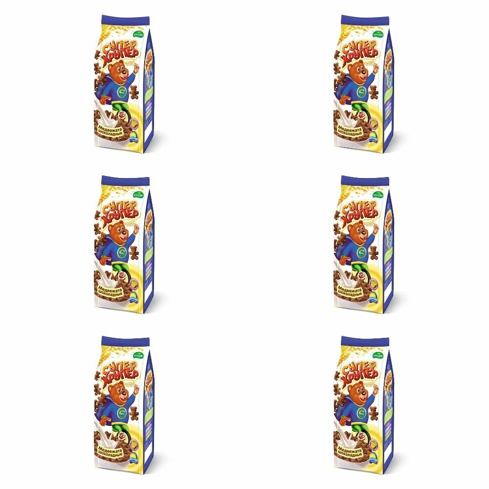 Кунцево Готовый завтрак, Супер Хрупер, Медвежата шоколадные, 200 г, 6 шт