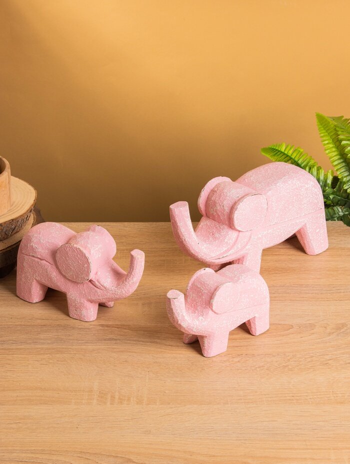 Набор сувенирный «Слоники», h=12.5 см, h=10.5 см, h=9 см, дерево, розовый
