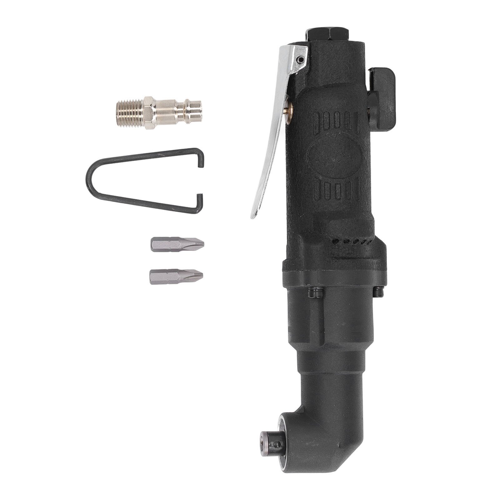 Пневматическая отвертка с углом поворота 90 градусов, изготовлена из легированной стали, имеет встроенный реверсивный механизм, диаметр 1/4 дюйма, предназначена для ремонта мебели в европейском стиле.