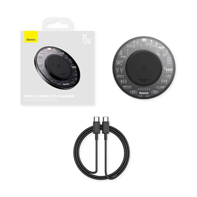 Простое Беспроводное зарядное устройство Baseus 2, 15 Вт, черный кластер (включает: кабель Type-C на Type-C 24 Вт, 12 В/2 А, 1 м, черный кластер)
