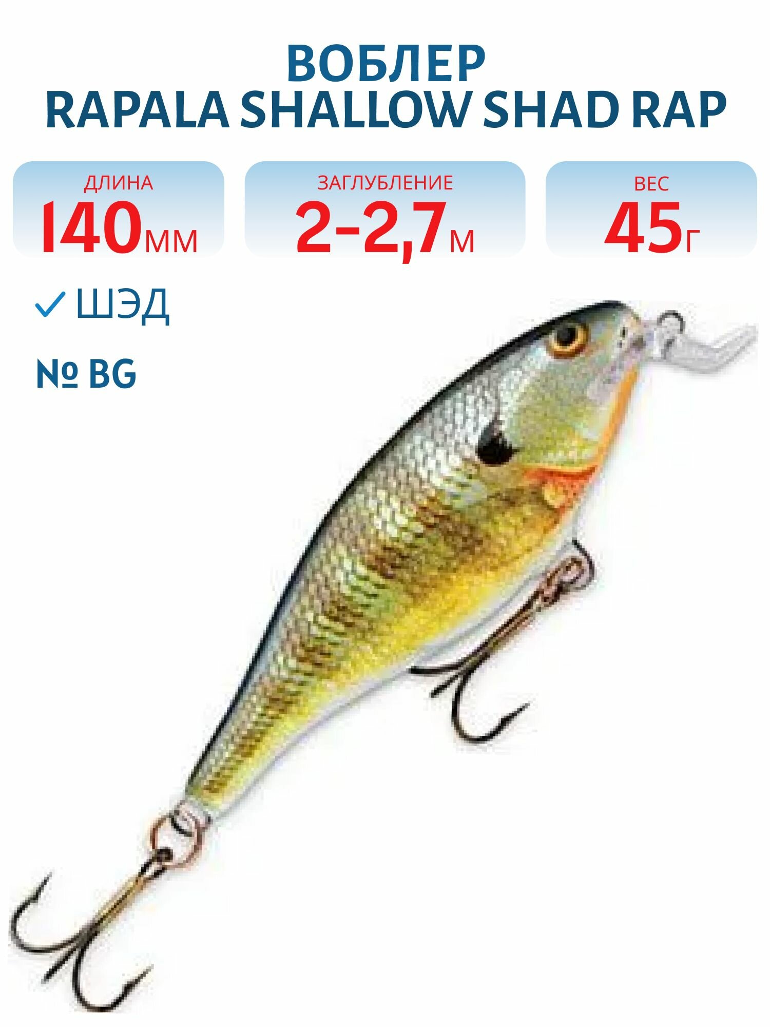 Воблер Rapala Shallow Shad Rap 14, 45 гр, цвет BG