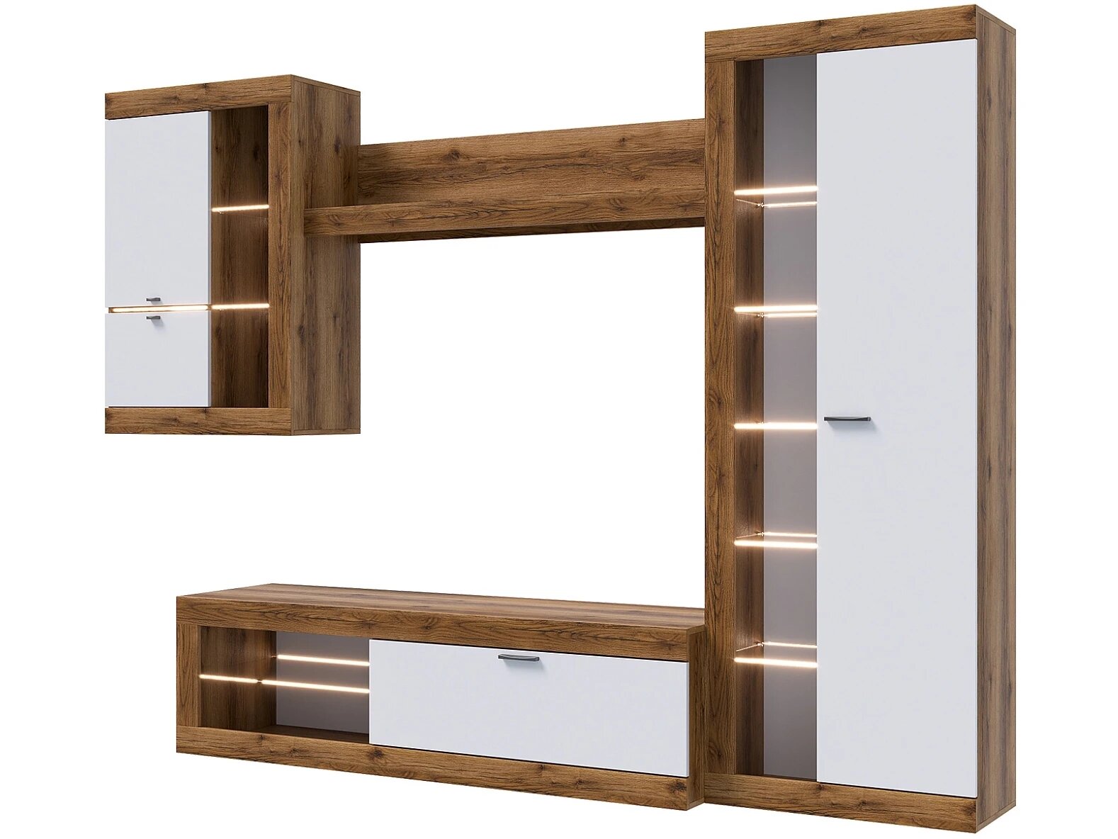 Модульная Гостиная, вариант №5, с подсветкой, Дуб Делано/Белый глянец