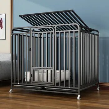 Клетка для собак усиленная, с двумя дверцами, на колёсиках с поддоном и откидной крышей
