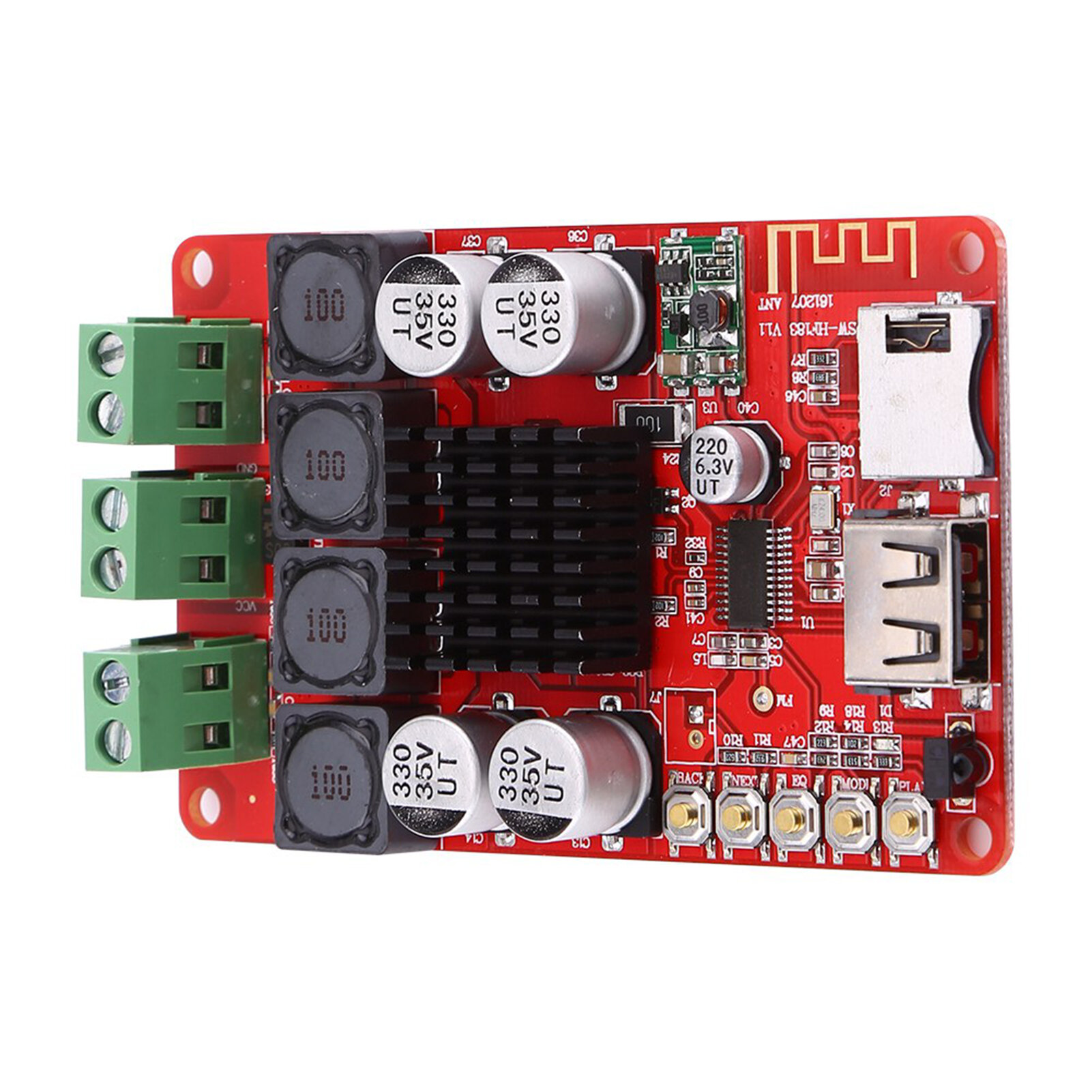 50W+50W Портативный Блюetooth Аудио-Ресивер-Амплификатор Декодер с TF-картой и Дальнейшим Управлением, Чип Усилителя TPA3116 Стерео, Размеры 52*85мм, Вес 63г, Источник Питания DC 8-26V, Поддержка FLAC WAV MP3 WMA, Микрофон, U-диск, Радиатор
